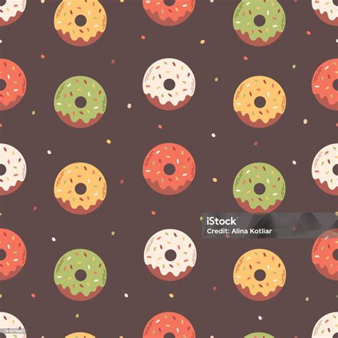 귀여운 도넛 완벽 한 패턴입니다 과자 패스트리 베이커리 제품 직물 벽지 포장지에 인쇄 평면 스타일의 벡터 일러스트 레이 션 가을에 대한 스톡 벡터 아트 및 기타 이미지