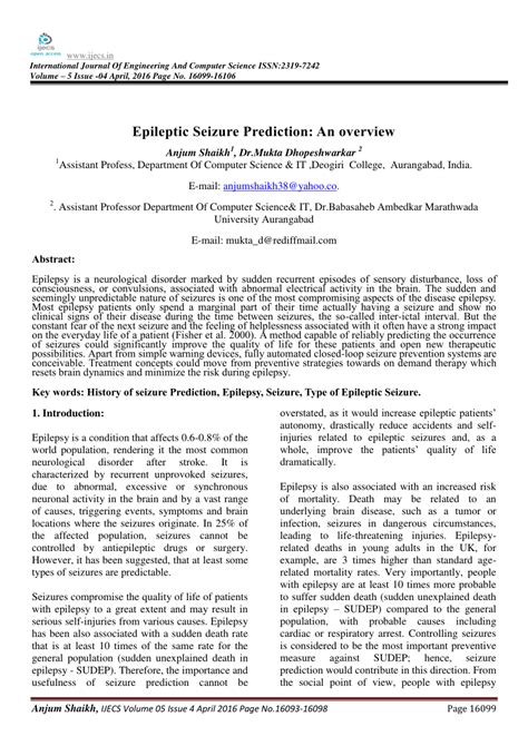Pdf Epileptic Seizure Prediction An Overview