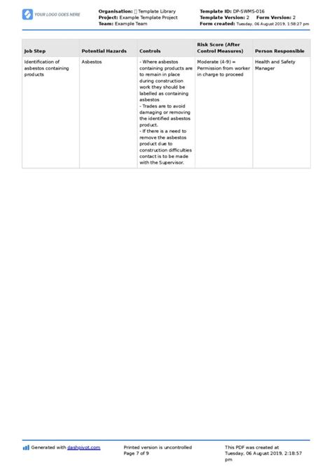 Asbestos Safe Work Method Statement For Asbestos Removal Etc