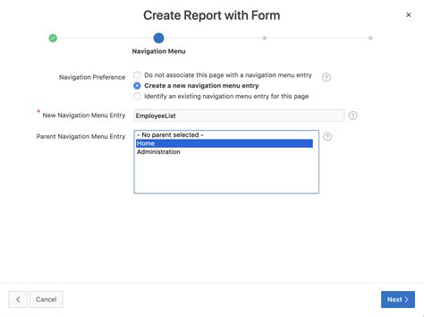 oracle apex create report with form with region display selector