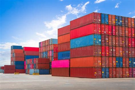 Row Of Stacked Containers Cargo Shipping Handling Of Logistic Transportation Industry Stock