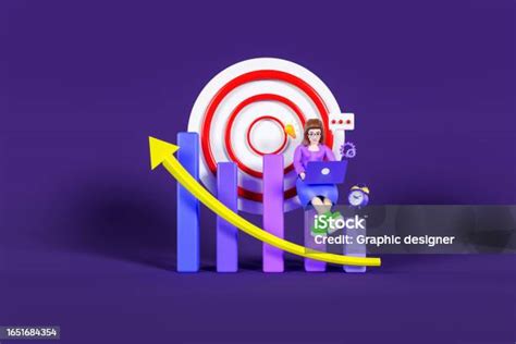 노트북을 들고 목표를 달성하기 위해 일하는 여성 3d 일러스트레이션 비즈니스 개념입니다 파란색 배경 개념에 대한 스톡 사진 및 기타 이미지 Istock