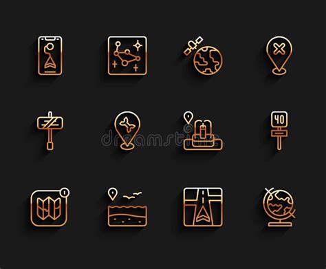 Set Line Infographic Of City Map Location With Beach City Navigation Gps Device Earth Globe