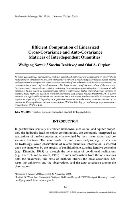 Pdf Efficient Computation Of Linearized Cross Covariance And Auto Covariance Matrices Of