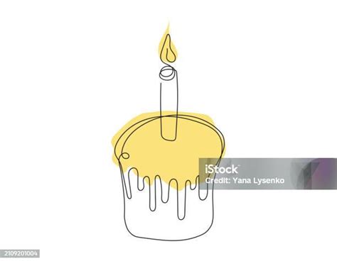 촛불이 켜진 부활절 Kulich 케이크의 연속 한 선 그리기 색깔의 부활절 컵 케이크입니다 생일 케이크 흰색 배경에 고립된