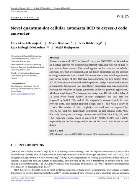 Novel Quantum‐dot Cellular Automata Bcd To Excess‐3 Code Converter