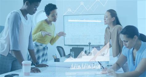 Image Of Statistical Data Processing Over Group Of Diverse Women Discussing Together At Office