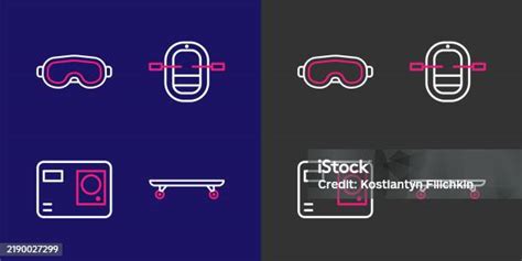 라인 롱 보드 또는 스케이트 보드 액션 익스트림 카메라 래프팅 보트 및 스키 고글 아이콘을 설정합니다 벡터 Hd 포맷에 대한