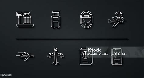 여행 가방 비행기 비행기 검색 여권 여행 가방 모바일 티켓 및 창 아이콘으로 라인 스케일을 설정합니다 벡터 가방에 대한 스톡 벡터 아트 및 기타 이미지 Istock