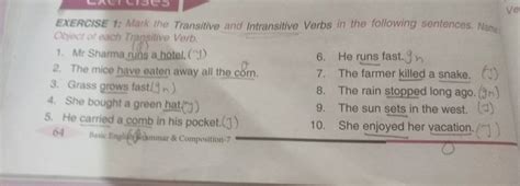 EXERCISE Mark The Transitive And Intransitive Verbs In The Following S