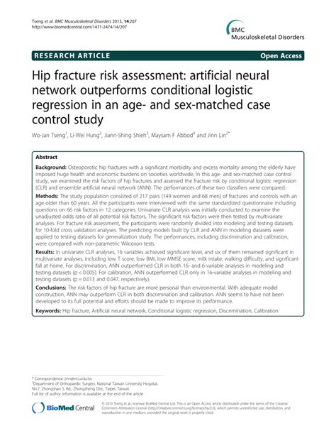 Pdf Hip Fracture Risk Assessment Artificial Neural Network Outperforms Conditional Logistic