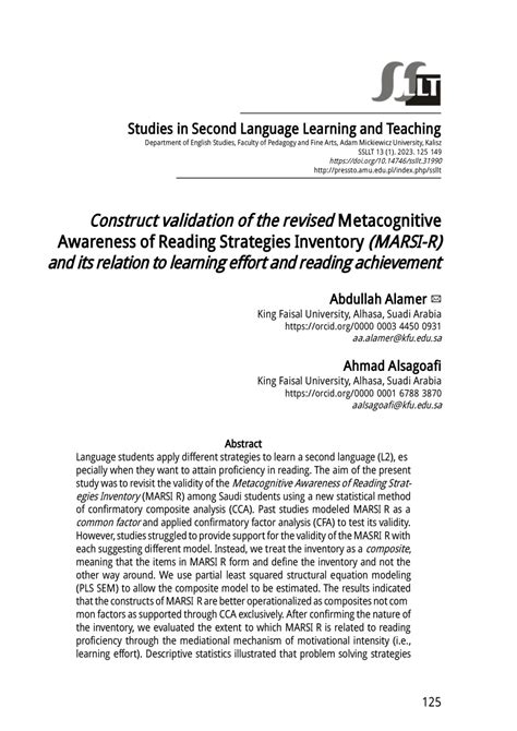 Pdf Construct Validation Of The Revised Metacognitive Awareness Of Reading Strategies