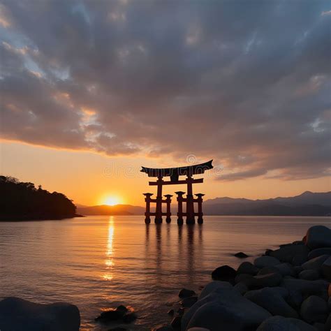 Hiroshima Shrine Torii Glows At Sunrise Stock Illustration Illustration Of Japan Itsukushima