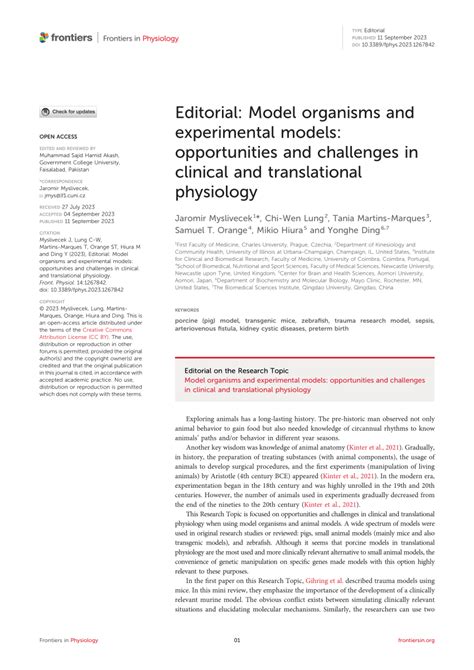 Pdf Editorial Model Organisms And Experimental Models Opportunities And Challenges In
