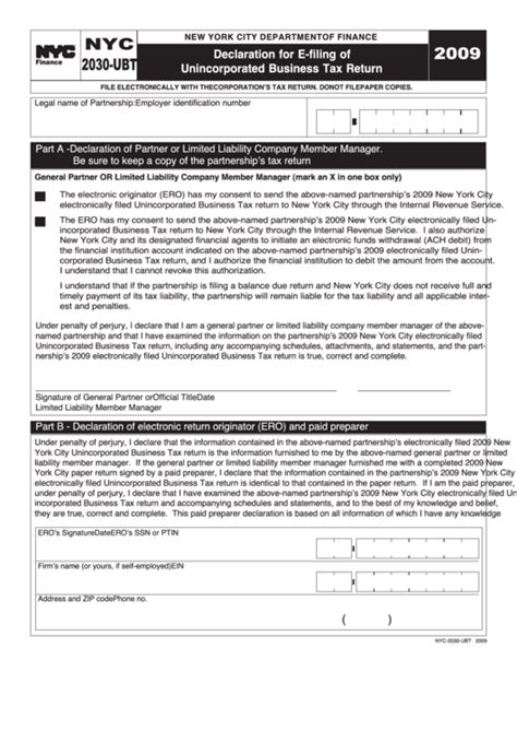 Form Nyc 2030 Ubt Declaration For E Filing Of Unincorporated Business