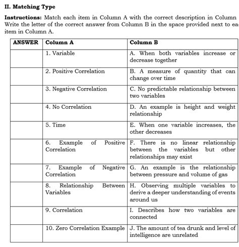 II Matching Type Instructions Match Each Item StudyX