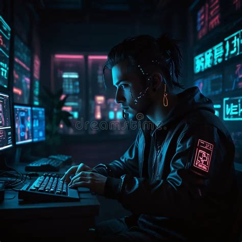 Cyberpunk Hacker In A Dark Room Multiple Screens Neon Glow Dystopian