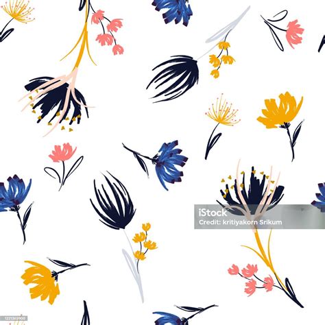 트렌디 한 섬세한 핸드 페인트 브러시 꽃 무음 반복 패턴 꽃 벡터 Eps10 패션 직물 웹 벽지 포장 및 모든 인쇄를위한 디자인 거친에 대한 스톡 벡터 아트 및 기타 이미지
