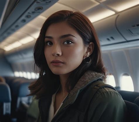 Premium Ai Image Portrait Of Asian Woman In A Green Jacket With Earrings Standing In The Aisle