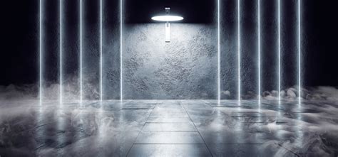 과학 Fi 네온 사이버 미래 지향적인 현대 복고풍 외국인 댄스 클럽 어두운 빈 그런 지 구체적인 반사 룸 복도 배경 3d 렌더링에 푸른 빛을 빛나는 연기 0명에 대한 스톡