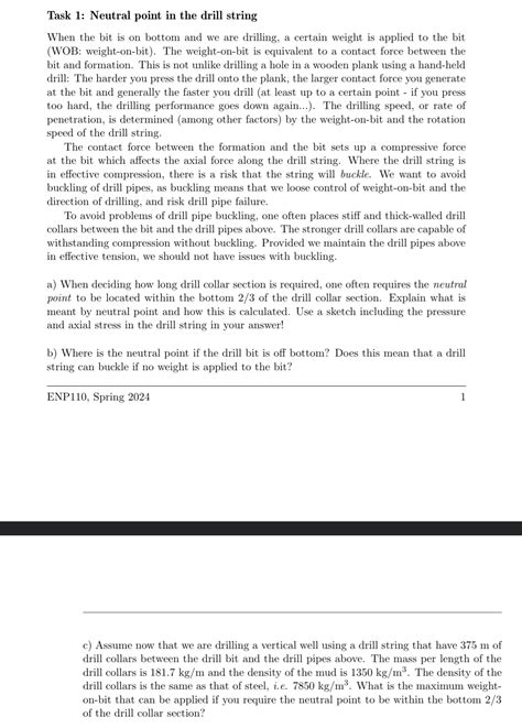 Solved Task 1 Neutral Point In The Drill Stringwhen The Bit