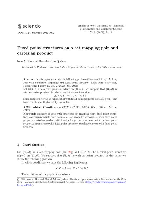 Pdf Fixed Point Structures On A Set Mapping Pair And Cartesian Product