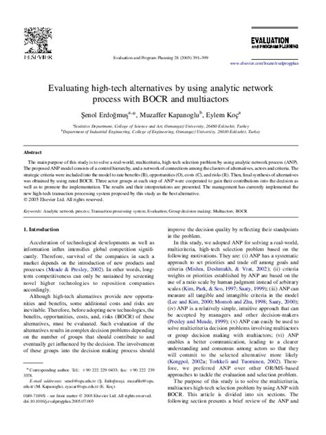 Pdf Evaluating High Tech Alternatives By Using Analytic Network Process With Bocr And Multiactors