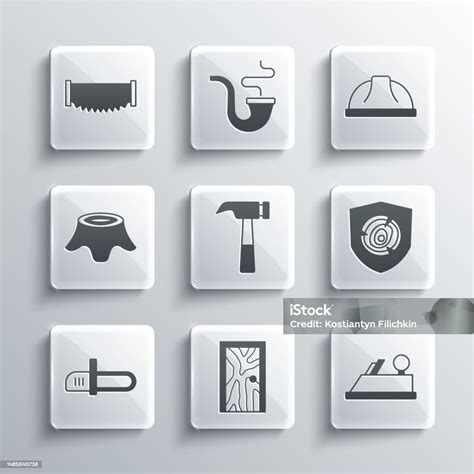 닫힌 문 나무 비행기 도구 나무 통나무 망치 전기 톱 나무 그루터기 양손 및 작업자 안전 헬멧 아이콘을 설정합니다 벡터 강철에 대한 스톡 벡터 아트 및 기타 이미지 Istock