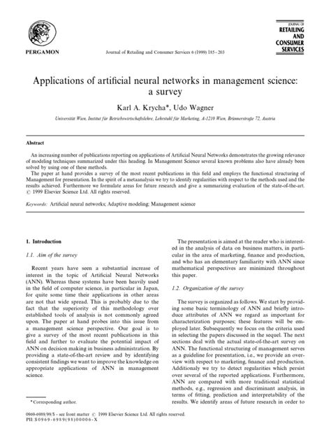 Applications Of Artificial Neural Networks In Management Science A