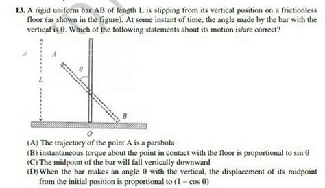 A Rigid Uniform Bar AB Of Length L Is Slipping From Its Vertical Position