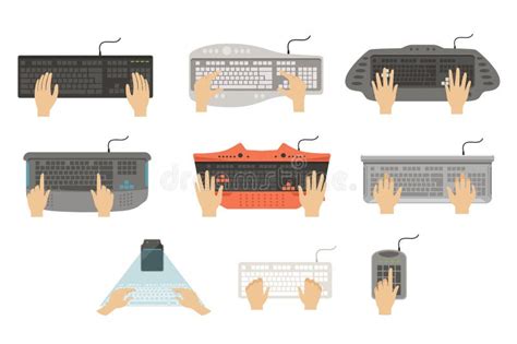 hands typing on keyboard set different types of computer console top