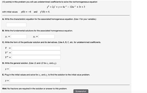 Solved Y′′ 2y′ Y 4e−t−12te−t 3t 3 With Initial Values
