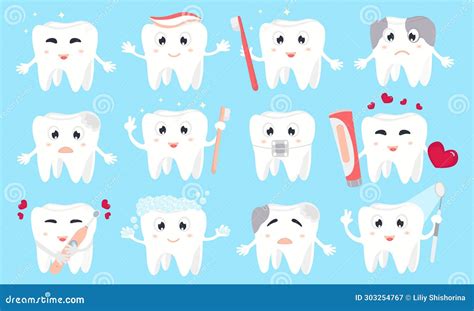 Dentistry Banner On Blue Background Cute Tooth Sick And Healthy Stock