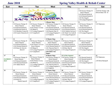 June Activity Calendar Spring Valley Senior Living And Health Care Campus