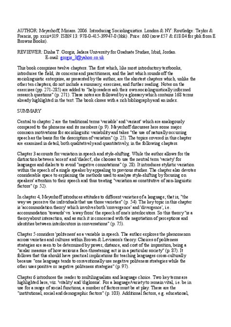 Pdf Book Review Meyerhoff 2006 Introducing Sociolinguistics