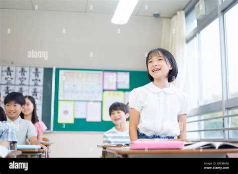 Elementary School Student Giving A Presentation During Class Stock