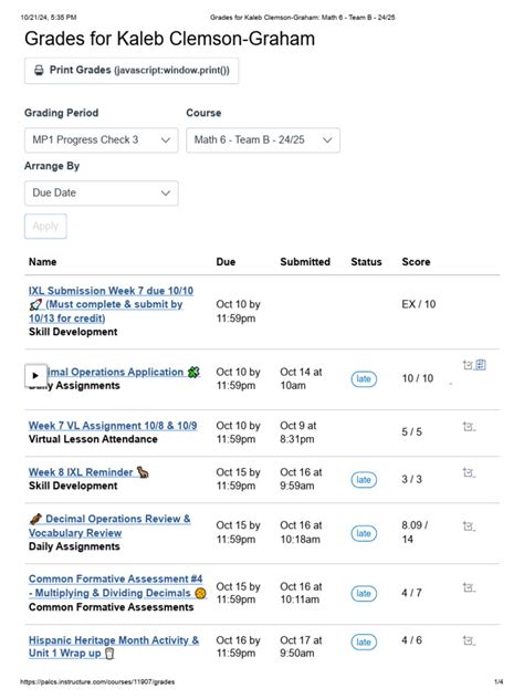 Grades For Kaleb Clemson Graham Math 6 Team B 24 25 Pdf Elementary Mathematics Numbers