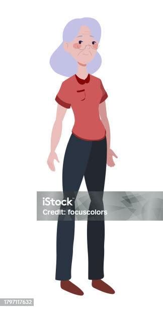 흰색 배경에 오래 된 캐주얼 여자입니다 그는 자신감이 넘치고 자신에 대해 편안합니다 평면 그래픽 애니메이션 벡터 일러스트 레이 션은 흰색 배경에 고립되어 있습니다 일상 생활