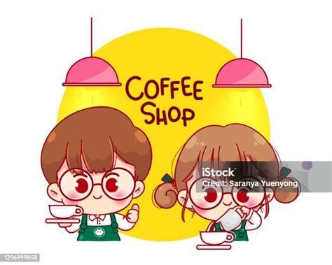 귀여운 커플 바리스타 에 앞치마 커피 만들기 만화 캐릭터 일러스트 개념에 대한 스톡 벡터 아트 및 기타 이미지 개념 귀여운