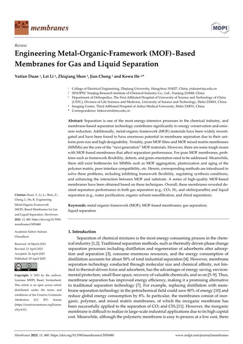 Pdf Engineering Metal Organic Framework Mof Based Membranes For Gas And Liquid Separation