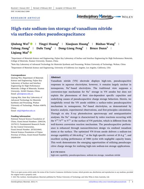 Pdf High‐rate Sodium‐ion Storage Of Vanadium Nitride Via Surface‐redox Pseudocapacitance