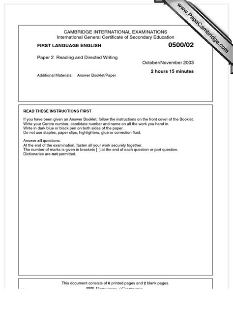 Cie Igcse Fle Past Paper 0500 W03 Qp 2 Pdf Water Transport