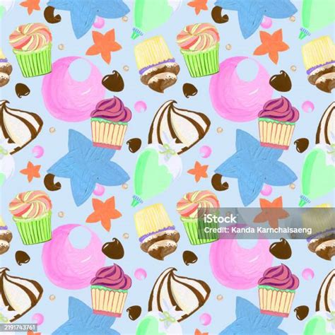 조금 달콤한 맛있는 버터 크림 컵 케이크 뿌려 초콜릿 세트 수채화 구 아슈 낙서 아트 손으로 그린 완벽 한 패턴 공휴일에 대한 스톡 벡터 아트 및 기타 이미지 Istock