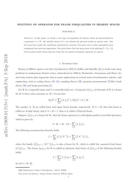 Pdf Splitting Of Operator For Frame Inequalities In Hilbert Spaces