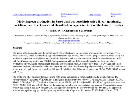 Pdf Modelling Egg Production In Sasso Dual Purpose Birds Using Linear Quadratic Artificial