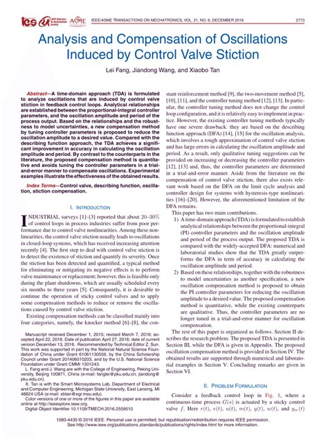 Pdf Analysis And Compensation Of Oscillations Induced By Control Valve Stiction