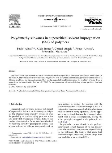 Pdf Polydimethylsiloxanes In Supercritical Solvent Impregnation Ssi