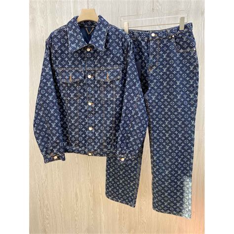 Conjunto Louis Vuitton Lv Jaqueta E Calça Jeans Azul Marinho Com Monog
