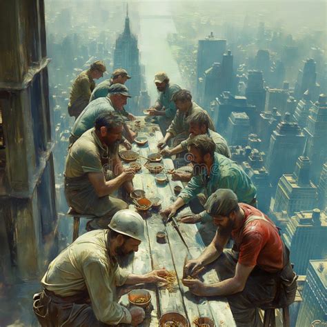 A Group Of Construction Workers Have Lunch While Sitting On A Beam High