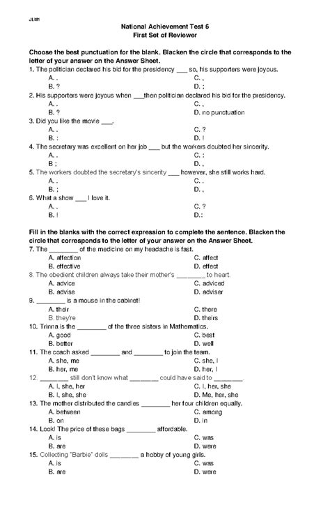 Answer Sheet Ellna 2023 2024 Math English And Filipino Responses